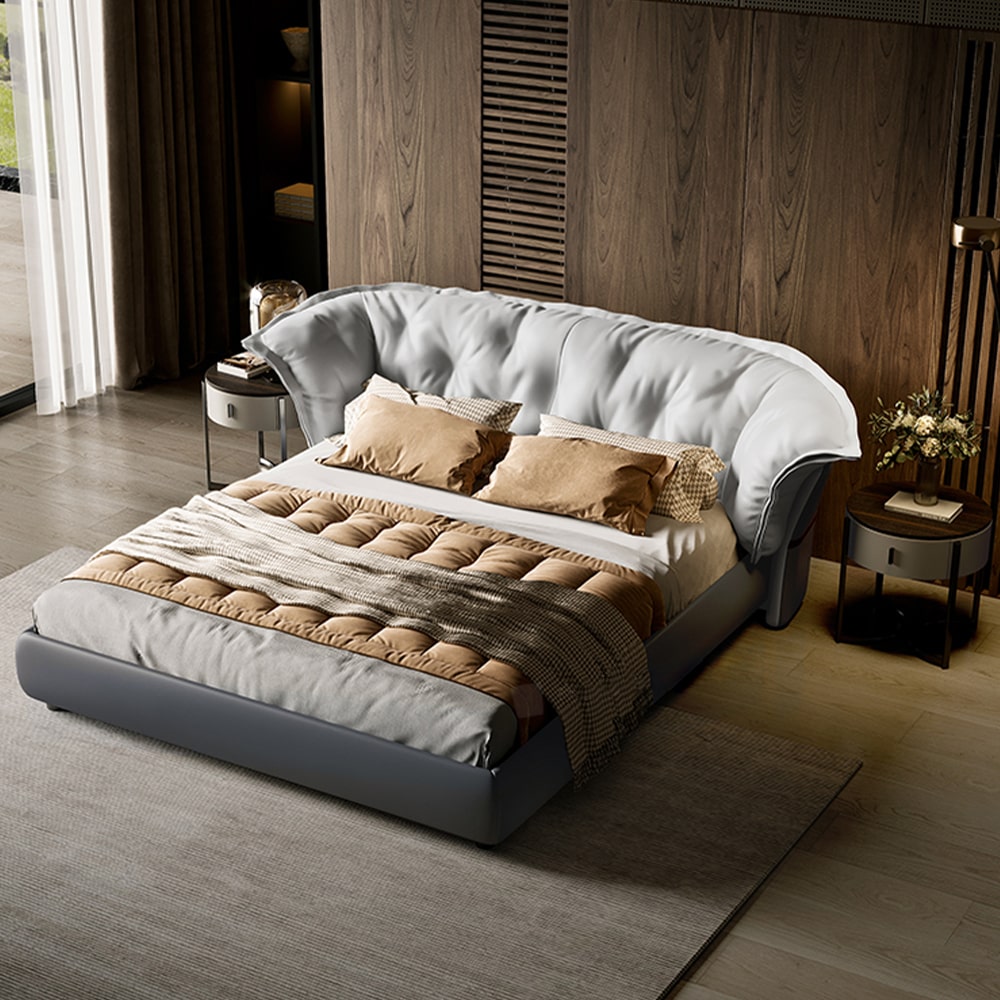 Benson Calf Leather Wide Headboard Upholstered Bed Frame– Luxxi Home