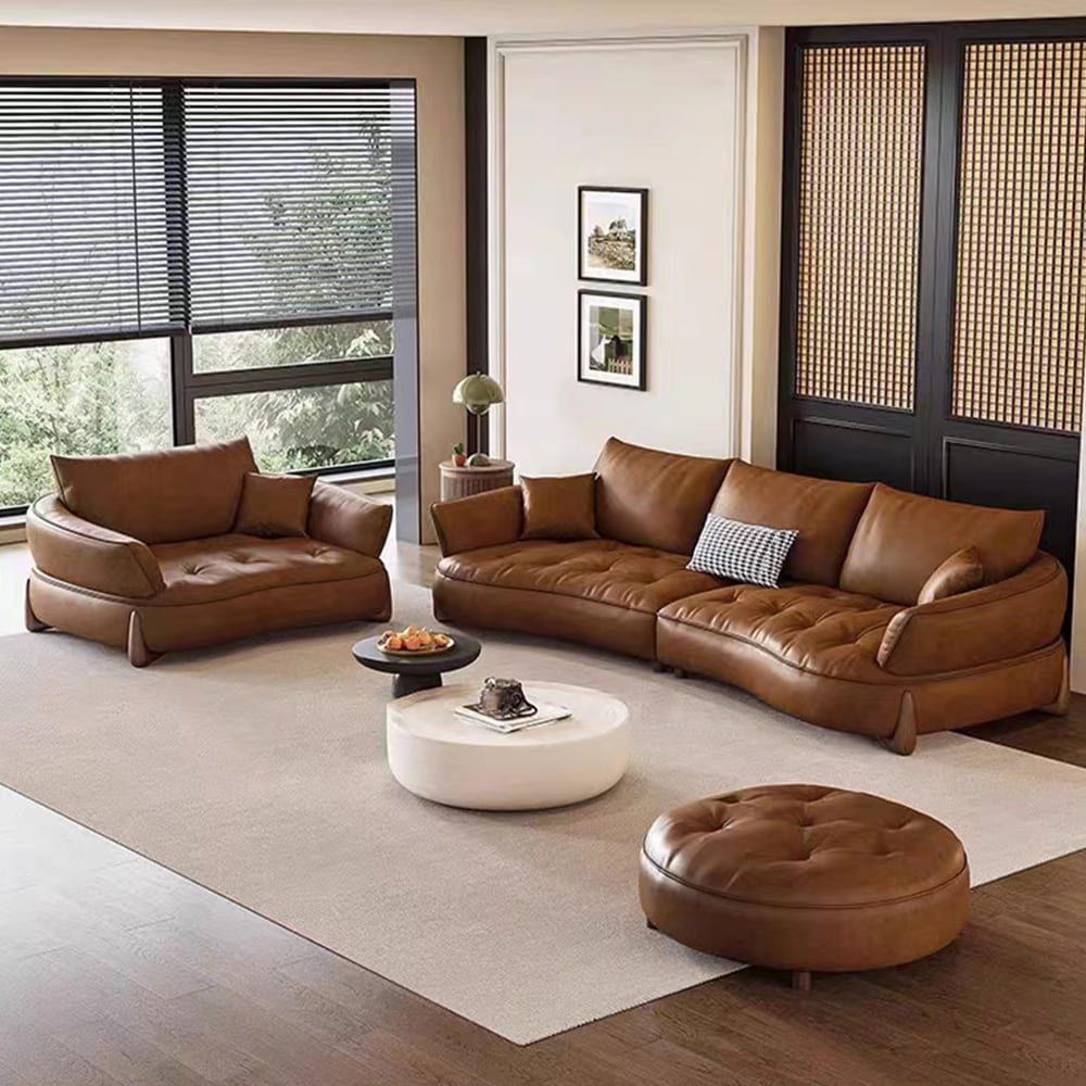 Emrick Curved Vintage Leather Sofa First Layer Cowhide 2- Seater Couch ...