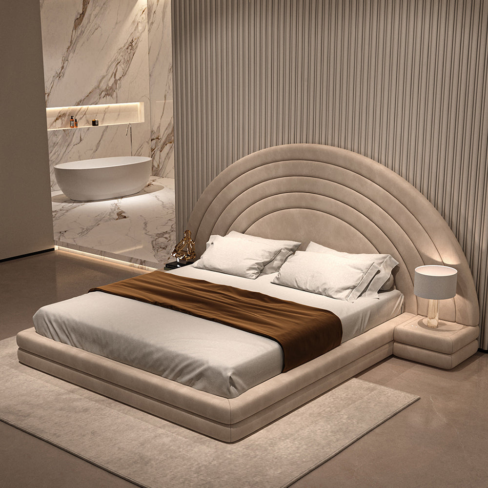 David Suede Fabric Wide Curved Headboard Bed Frame with Bedside Tables ...