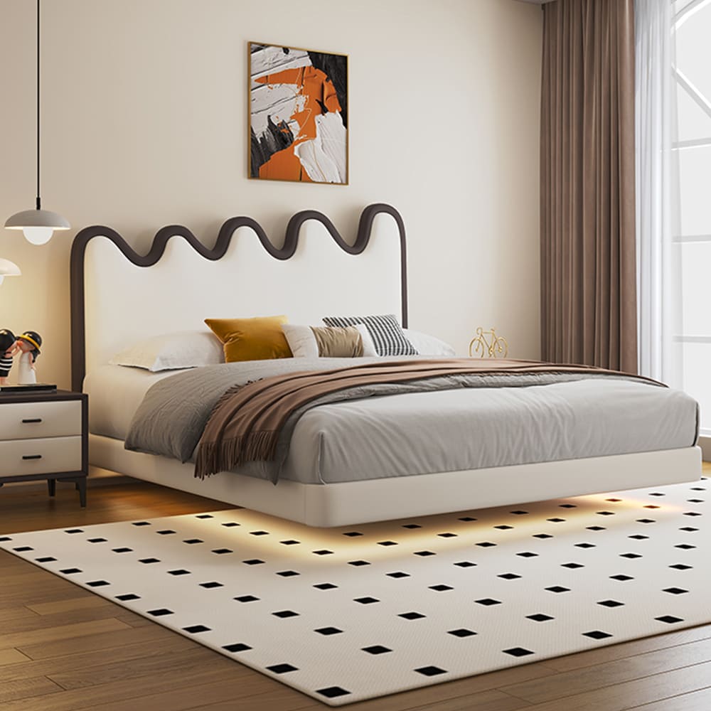 Lydia Wavy Shaped Headboard Calf Leather Floating Bed Frame– Luxxi Home