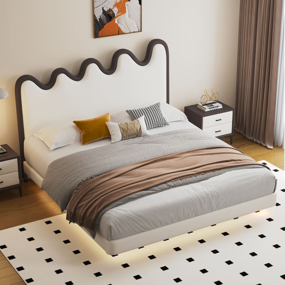 Lydia Wavy Shaped Headboard Calf Leather Floating Bed Frame– Luxxi Home