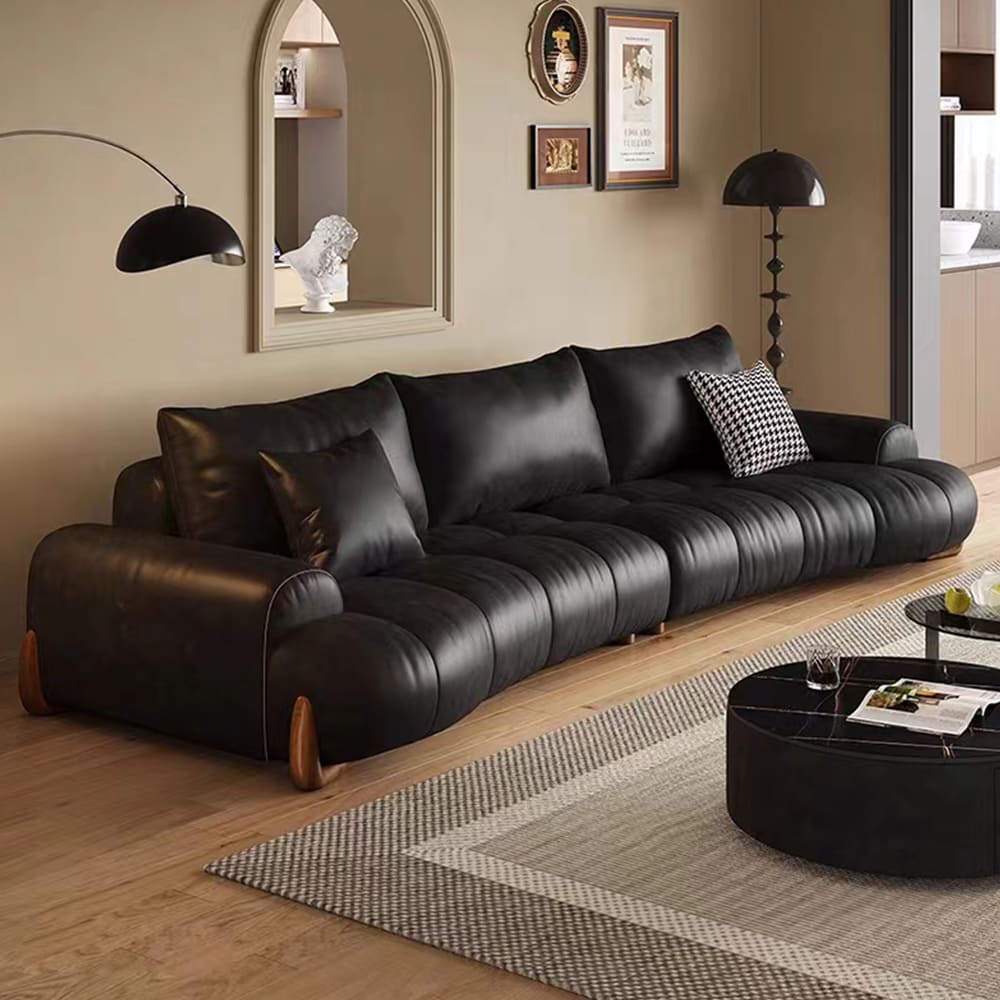 Patty Black Calf Leather 3 Seater Sofa Puff Curved Couch– Luxxi Home
