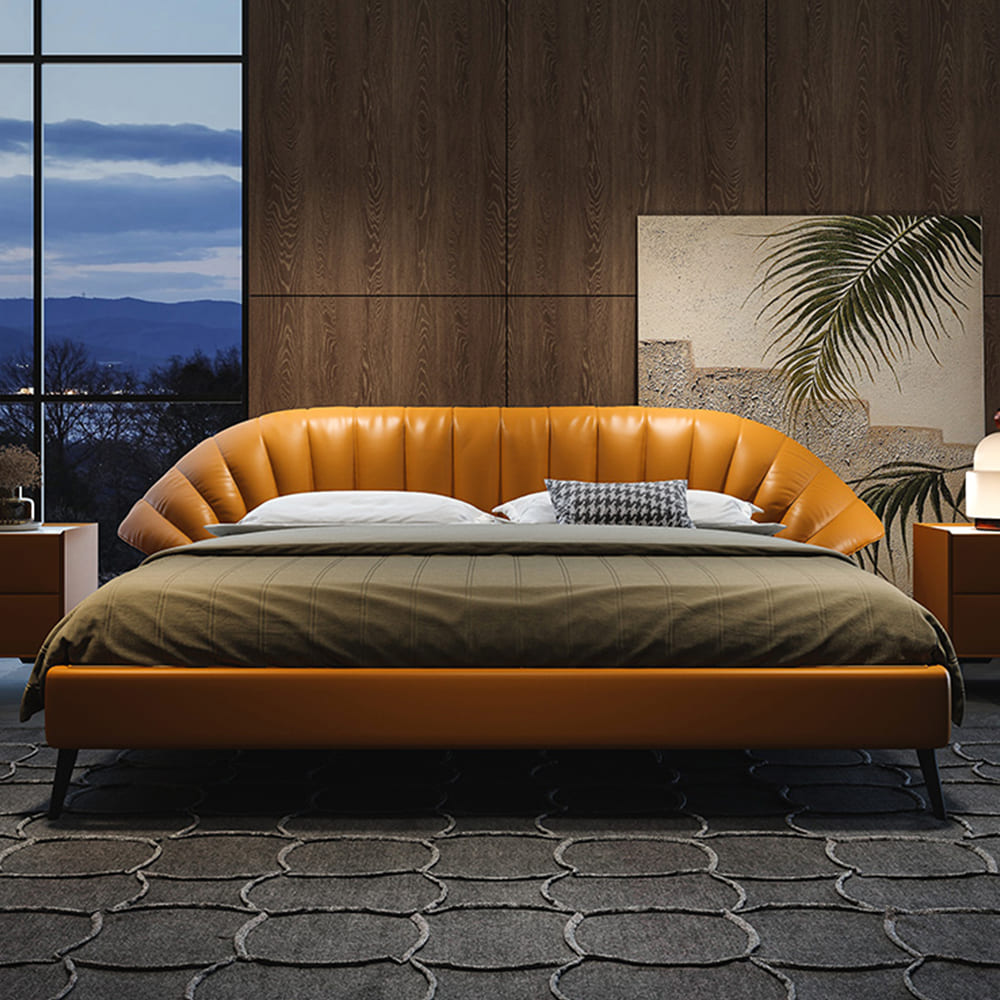 Rachal Sector Shaped Headboard Calf Leather Bed Frame– Luxxi Home