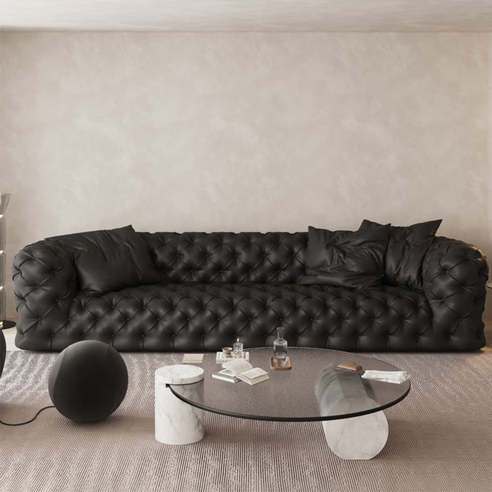 Simone Black Calf Leather 4-Seater Sofa with Luxurious Button-Tufted D ...