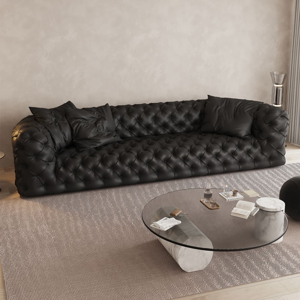 Simone Black Calf Leather 4-Seater Sofa with Luxurious Button-Tufted D ...