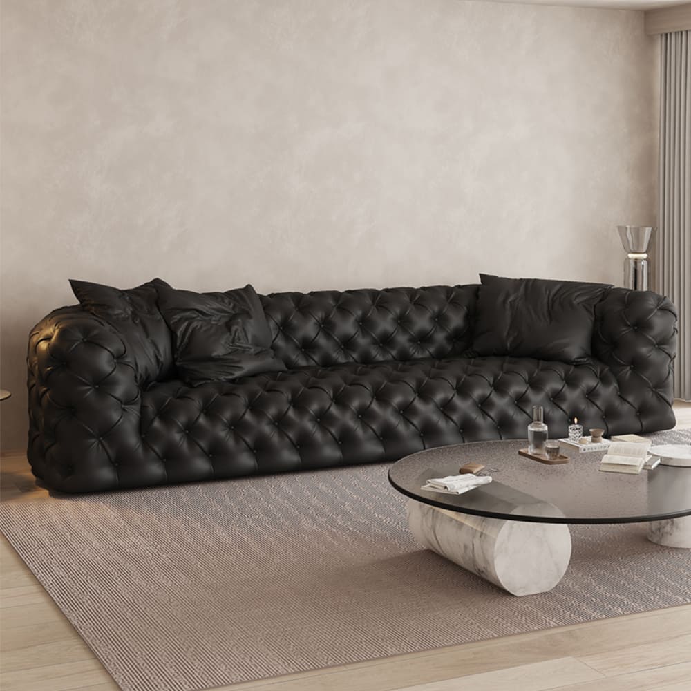 Simone Black Calf Leather 4-Seater Sofa with Luxurious Button-Tufted D ...